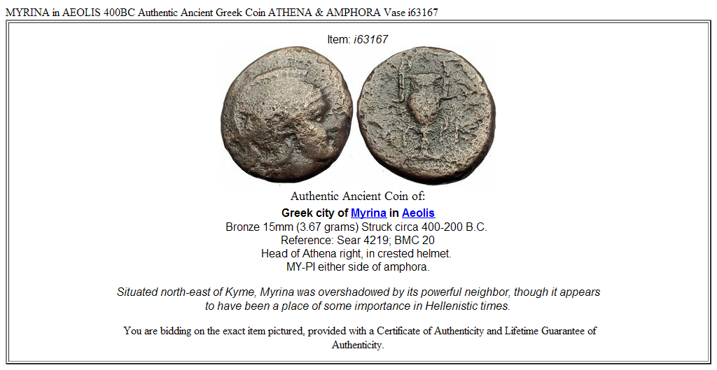 MYRINA in AEOLIS 400BC Authentic Ancient Greek Coin ATHENA & AMPHORA ...