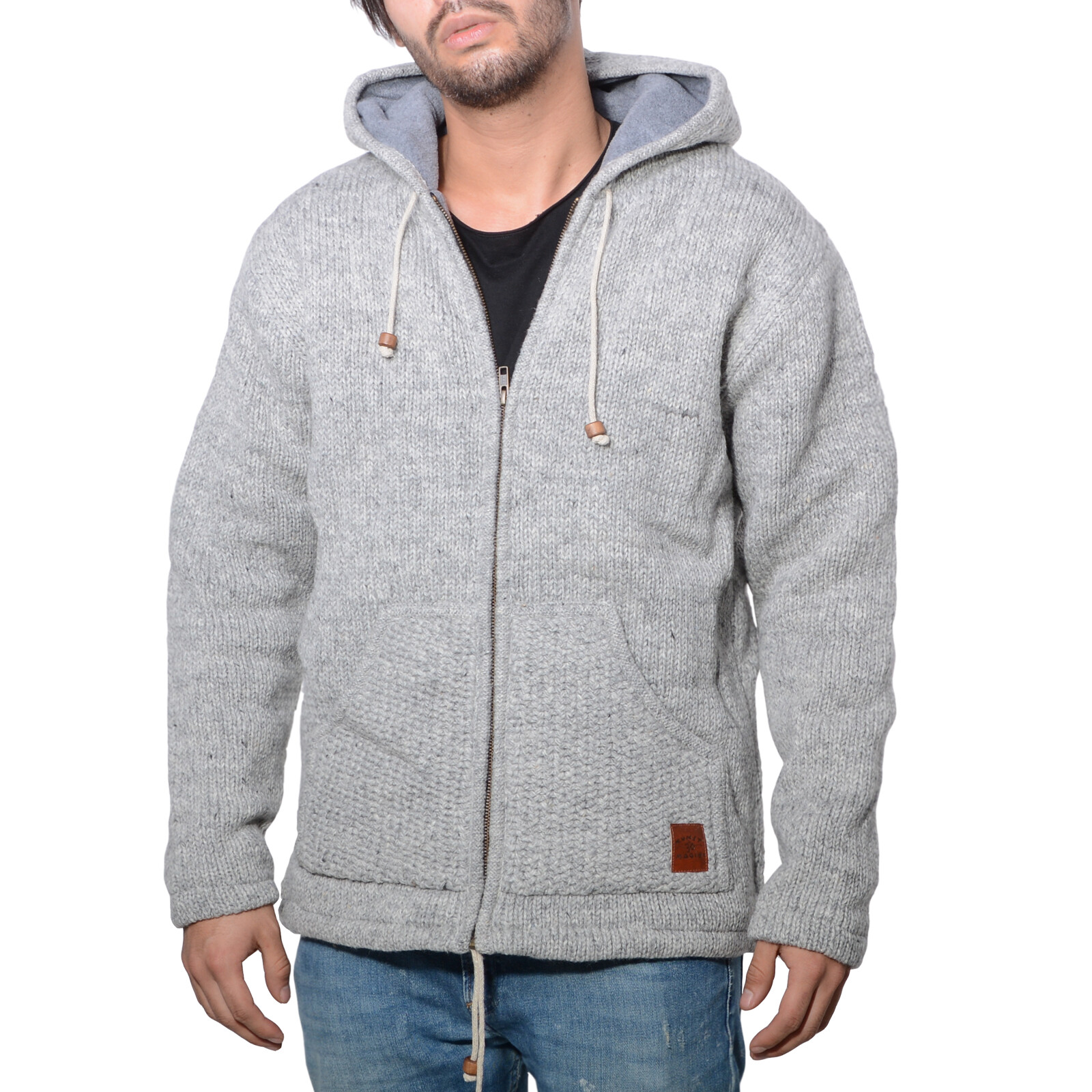 Mens Jacket Knitted Jacket With Warm Fleece Lining Hood Nepal Wool ...