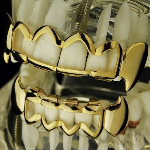 14k Gold Plated Fang Grillz Set 4 Full Open Teeth Vampire Grill Pre ...