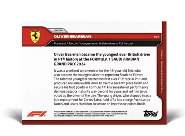 2024 TOPPS NOW F1 Oliver Bearman: Youngest British Drive In F1 #4- Free ...