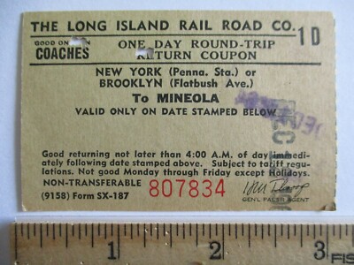 1964 LIRR Long Island Rail Road Ticket Flatbush Av Brooklyn NYC Mineola ...