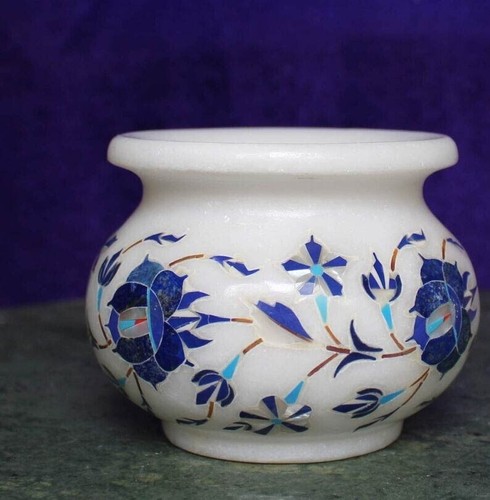 5" Elegant White Marble Flower Pot with Lapis Lazuli Inlay Mosaic ...