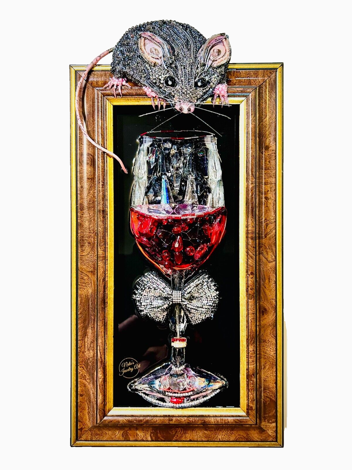 GLASS OF WINE & MICE, FRAMED JEWELRY ONE OF A KIND ART, UNIQUE GIFT ...