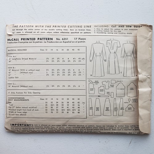 1940s Vintage McCalls 6351 Front Yoke Ladies Day Dress Pockets Sewing ...