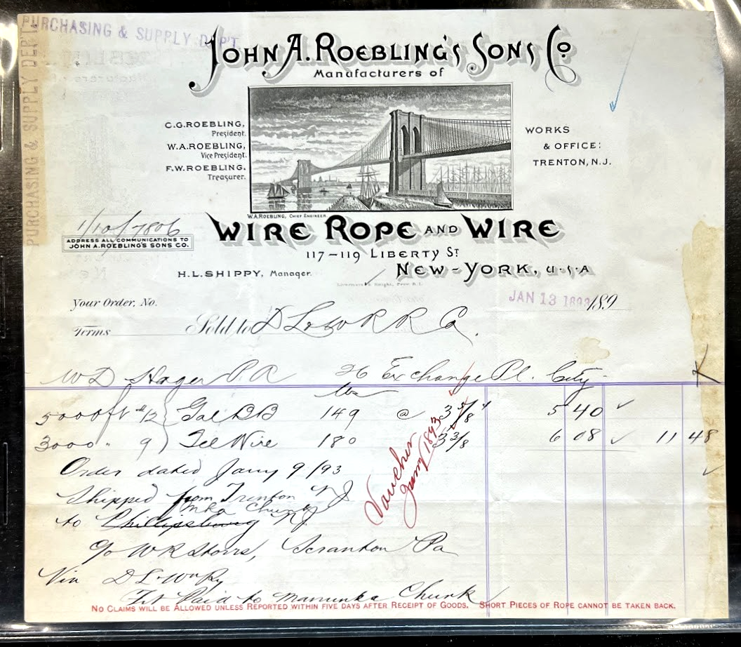 JOHN ROEBLING SONS Co RAILROAD TELEGRAPH WIRE ROPE DOCUMENT BROOKLYN ...