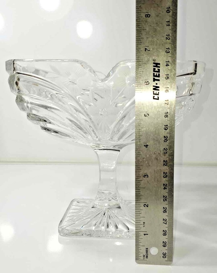 VINTAGE CRYSTAL SQUARE CLEAR GLASS COMPOTE ETCHED FROSTED FLOWERS HEAVY ...