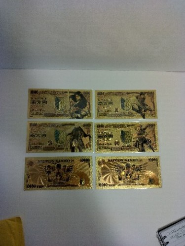 Attack On Titan 24k Gold Foil Plated Banknote Set New In Sleeve. 6ct ...