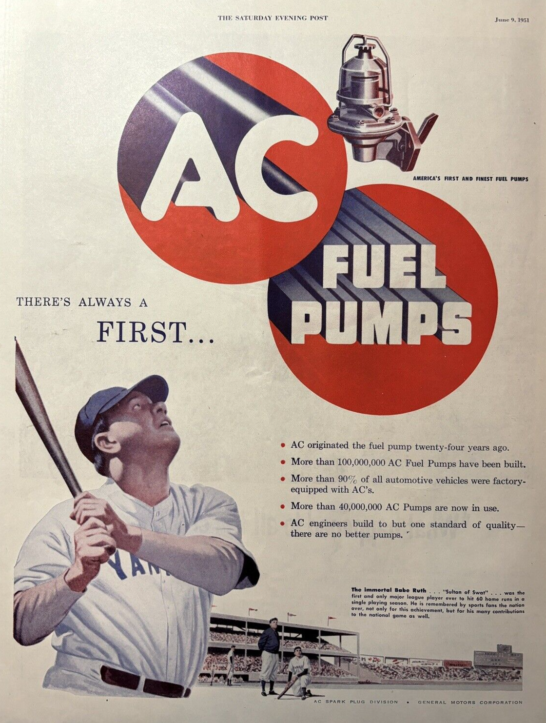 1951 AC Fuel Pumps First Finest Babe Ruth Sultan Swat First 60 HR VTG ...