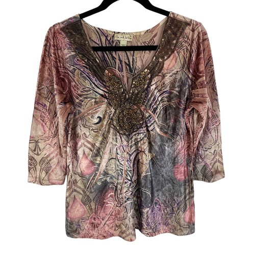 Live & Let Live Tunic Top Shirt Size Medium Skull Velour Beaded V-Neck ...