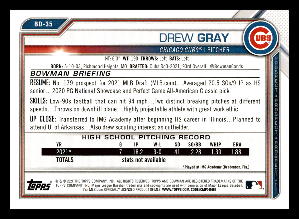 2021 1st Bowman Draft Drew Gray Chicago Cubs #BD-35 Centered Mint | eBay