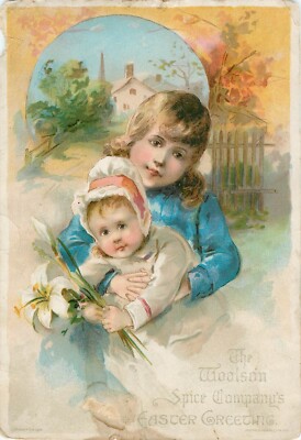 1880's Victorian Trade Card Lion Coffee Woolson Spice Easter Greetings ...