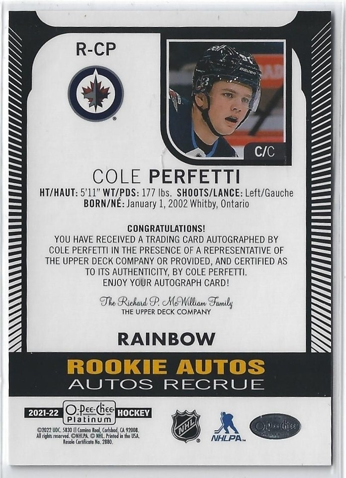 2021-22 O-Pee-Chee Platinum Rookie Autographs Rainbow R-CP Cole ...
