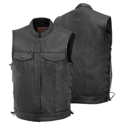 Motorcycle Mens Zip Classic Style Leather Vest Sleeveless Biker Jacket ...