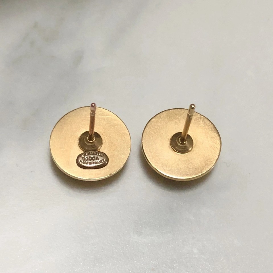 CHANEL Coco Mark Round Earrings Gold Brown Logo Engraved Women's ...