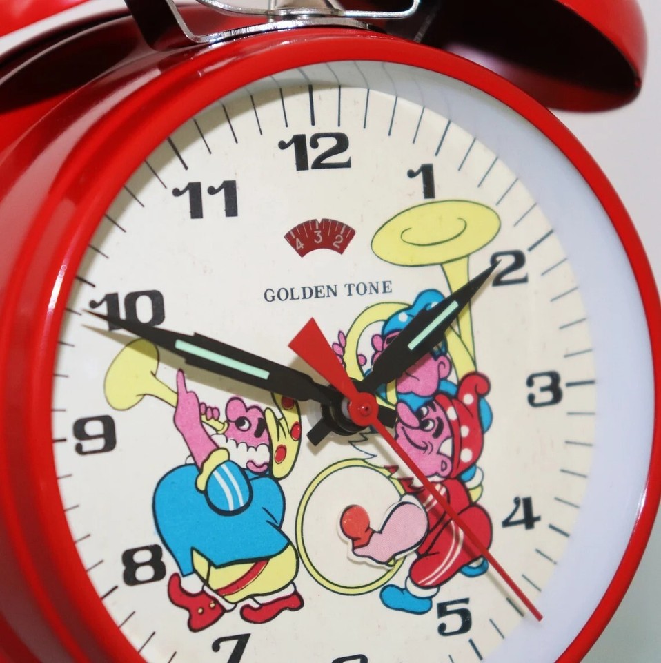 GOLDEN TONE Alarm Mantel TOP Clock SMURF Vintage ANIMATED Double Bells ...