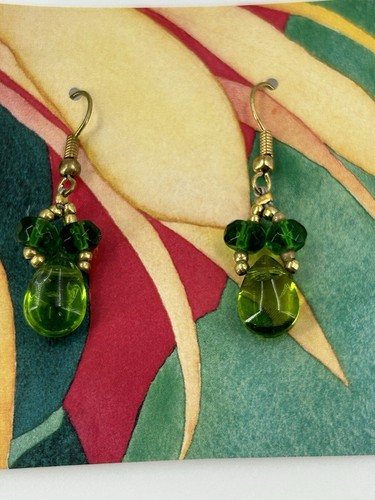 Handmade Dangle Earrings Womens Glass Green Crystal Beads Gold Tone ...