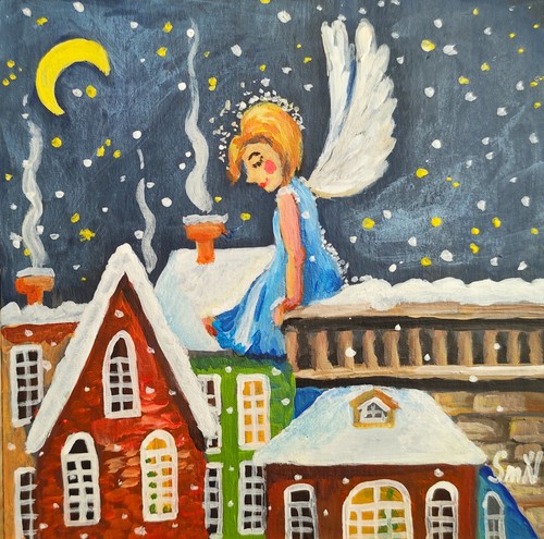 Original Art Guardian Angel Painting Winter Cityscape Painting Cozy ...