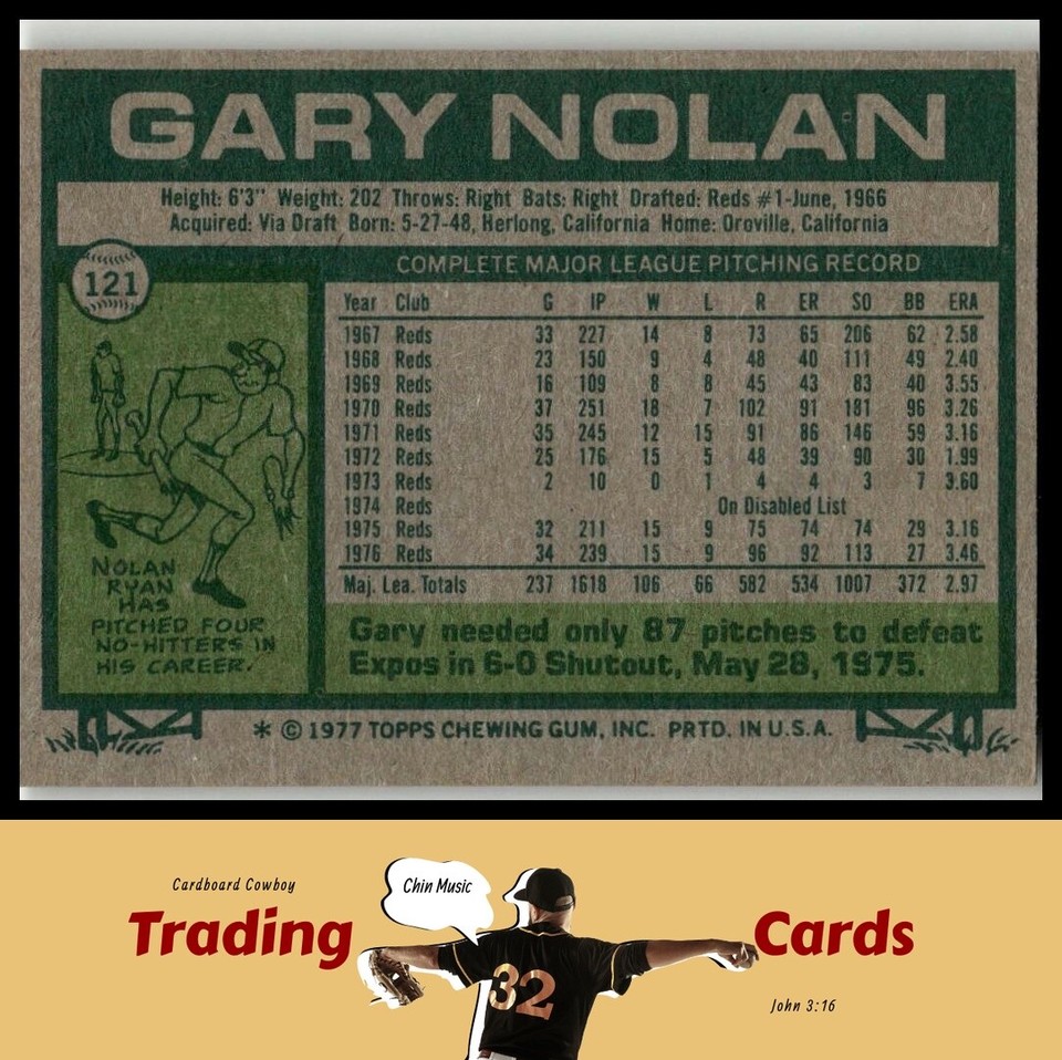 1977 Topps #121 Gary Nolan Cincinnati Reds Baseball Card VG/EX | eBay