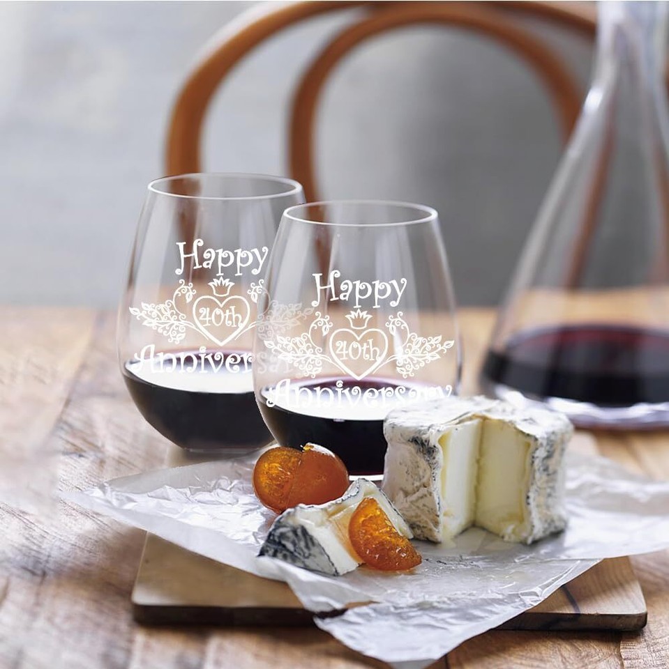 Happy 40th Anniversary Wine Glass Set with Metallic Memorial Card 40th ...