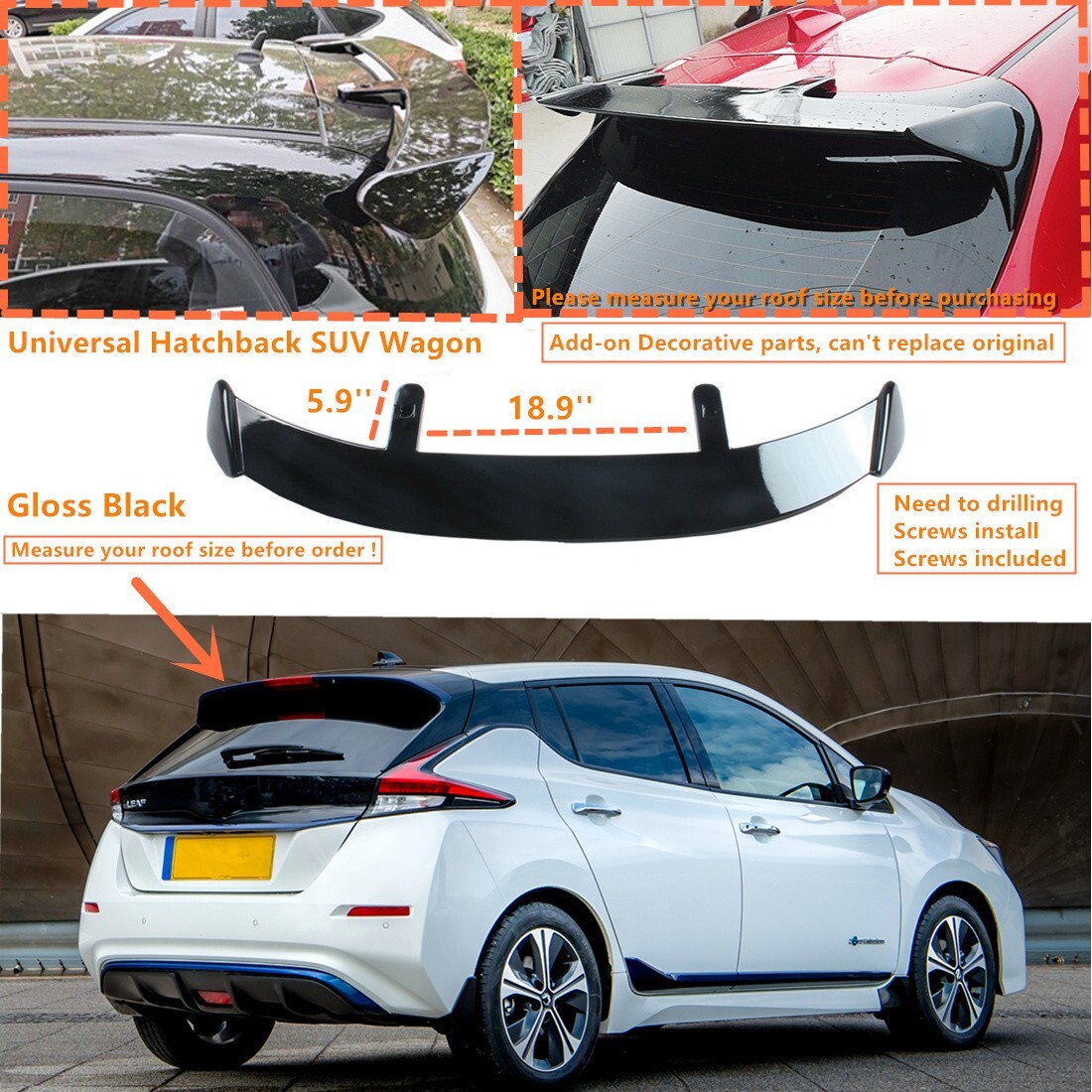 For 2018-2024 Nissan Leaf Gloss Black GT-Style Rear Roof Spoiler Wing ...