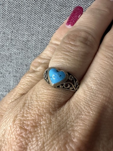 Sterling Silver And Turquoise Heart Shaped Ring SC 925 inlay scroll on ...