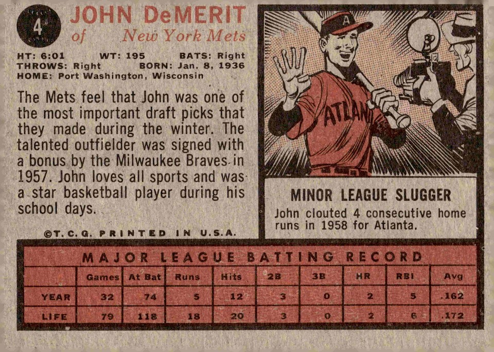 1962 Topps John DeMerit #4 - New York Mets | eBay