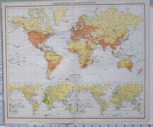 1906 MAP THE WORLD TELEGRAPHIC COMMUNICATION FRENCH CABLES POSSESSIONS ...