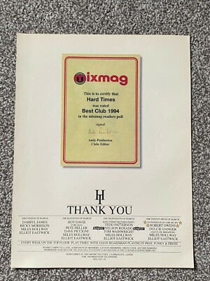 Rare Original 1995 Magazine Advert Art Picture Hard Times Club MixMag ...