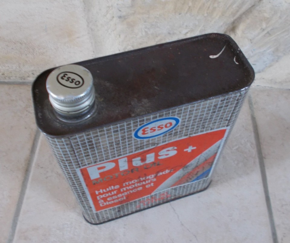 Vintage ESSO Plus + Oil can tin old antique France canister silver | eBay