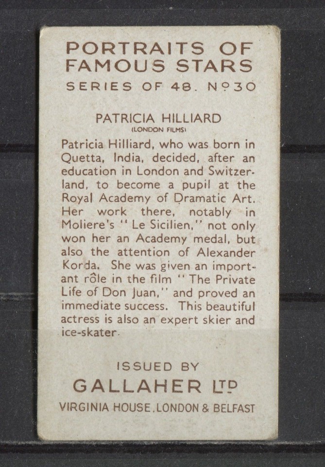 Patricia Hilliard Vintage Movie Film Star Trading Card 1935 Gallaher ...