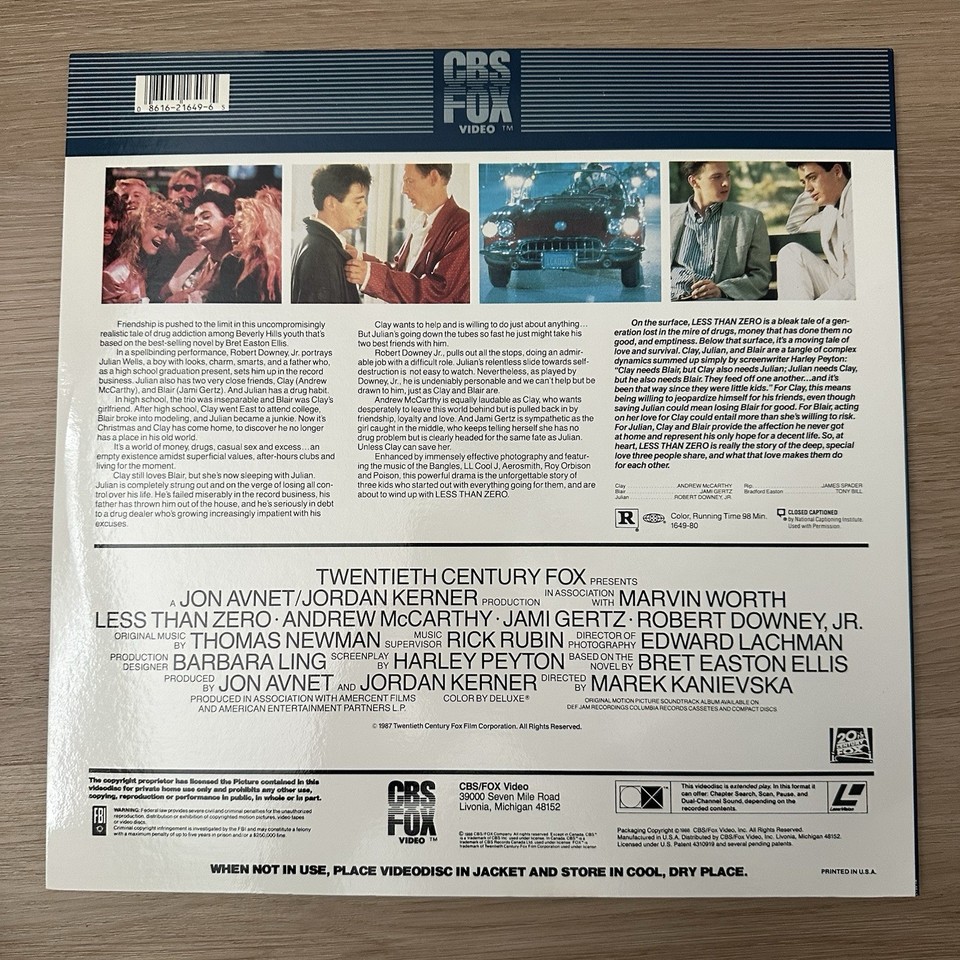 Laserdisc Less Than Zero - Robert Downey Jr - RARE | eBay