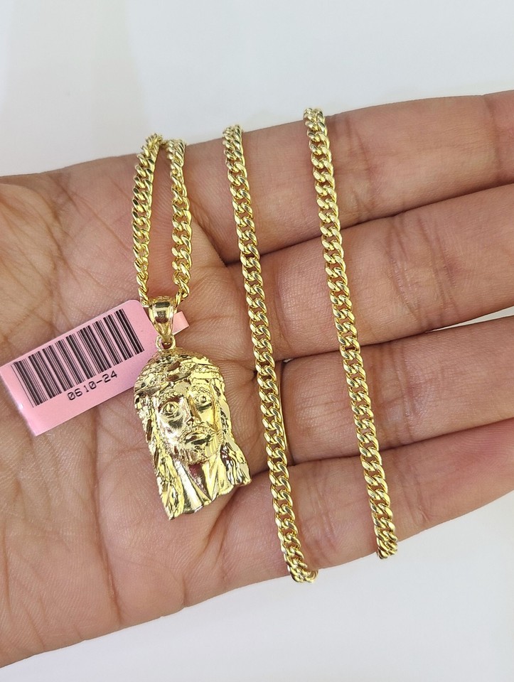 14k Miami Cuban Chain Jesus Head Charm Yellow Gold Set 3mm 18"-28 ...