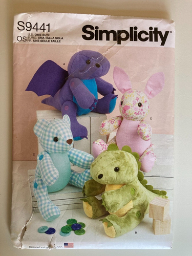 Simplicity 9441 Dragon Dinosaur Bear Bunny 13" Jointed Plushie Craft ...
