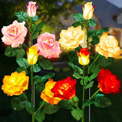 Garden 4 Pack LED Solar Flower Lights with Larger & More Realistic Rose ...