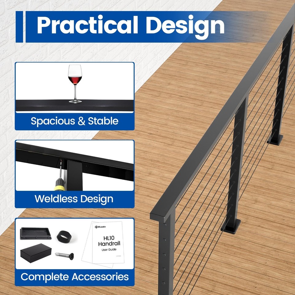 Muzata 6'6" Aluminum Handrail Flat Handrail Black Cable Railing Top ...