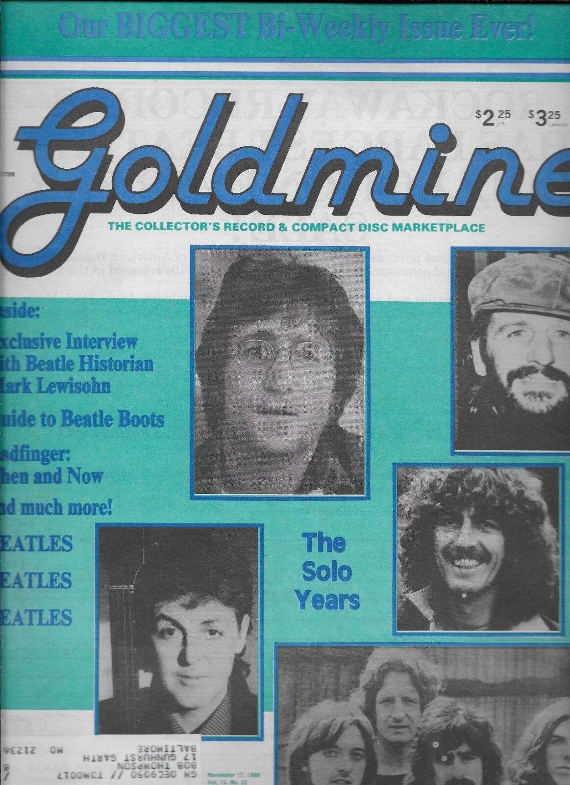 11/17/89 issue of GOLDMINE magazine THE BEATLES cover | eBay