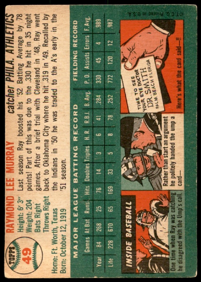1954 TOPPS RAY MURRAY 49 VG-EX BASEBALL PHILADELPHIA ATHLETICS | eBay