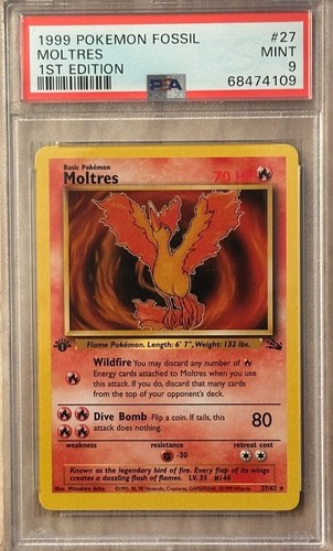 1999 Pokemon 1st Edition Fossil Moltres NON HOLO PSA 9 Certification ...