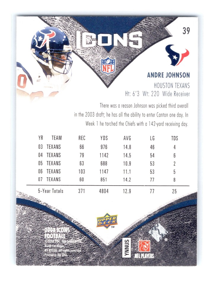 2008 Upper Deck Icons Football #39 Andre Johnson Houston Texans | eBay