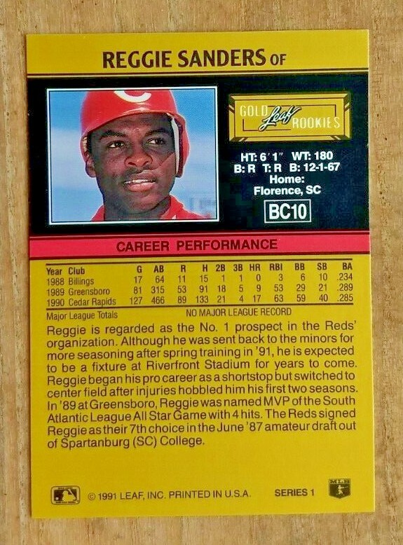 1991 LEAF REGGIE SANDERS GOLD ROOKIES CARD#BC10 NRMINT REDS PADRES ...