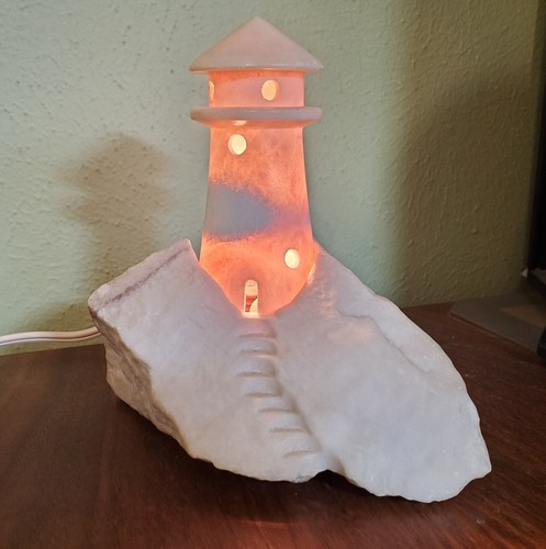 Alabaster lighthouse nightlight carved vintage sculpture rock lighting ...