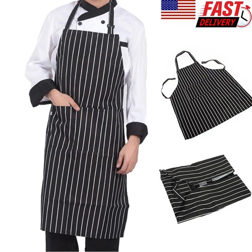 2Pc Adjustable Chef Apron with Two Pockets Striped Kitchen Bib for Men ...