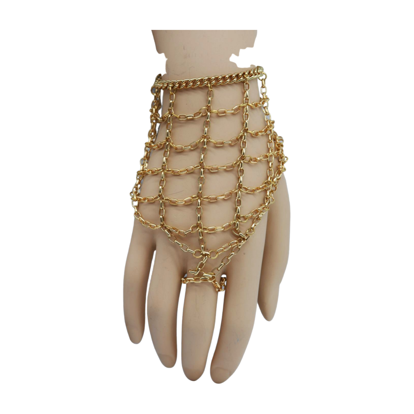 Women Gold Metal Hand Chain Bracelet Web Net Ring Wedding Bride Bridal ...