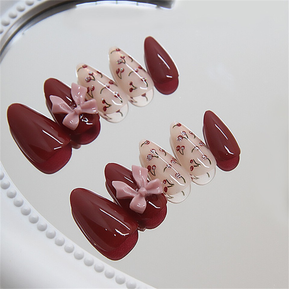Short Almond Press-On False Nail Sweet Fruits Soild Color Glossy ...