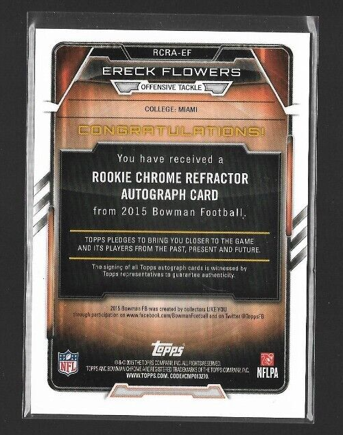 2015 Ereck Flowers Topps Bowman Chrome ROOKIE REFRACTOR AUTO autograph ...