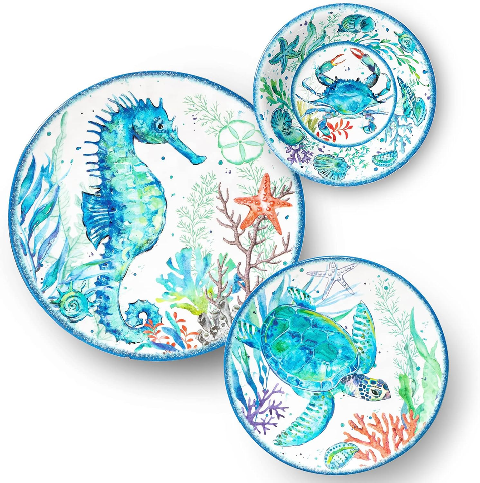 12-Piece Melamine Beach Dinnerware Set, Coastal Plates and Bowls Sets ...