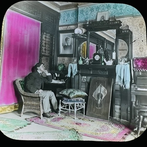 Antique Magic Lantern Glass Sing Along Slide Color Man And His Mantle ...