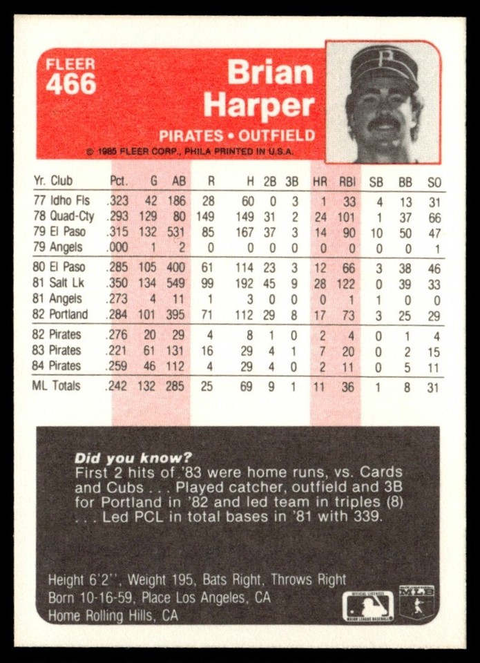 1985 Fleer #466 Brian Harper Pittsburgh Pirates | eBay