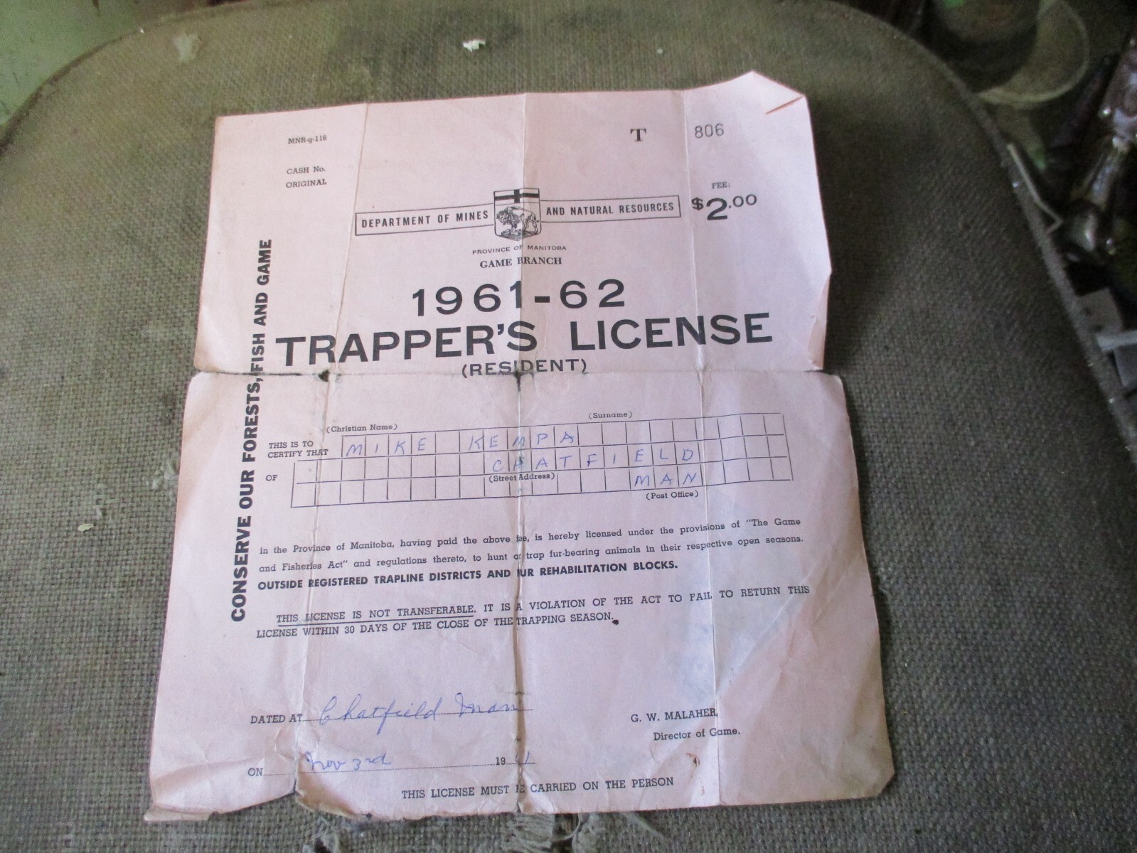 1961-62 MANITOBA CANADA RESIDENT TRAPPER'S LICENSE GAME WARDEN ...