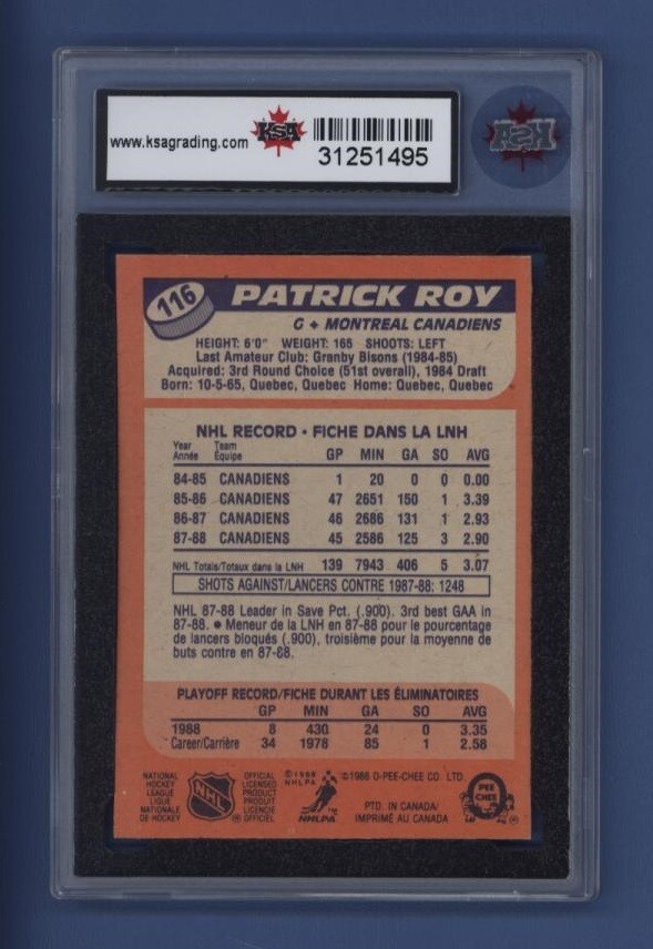 1988-89 O-PEE-CHEE #116 PATRICK ROY KSA 10 GEM MINT Canadiens *HOF ...